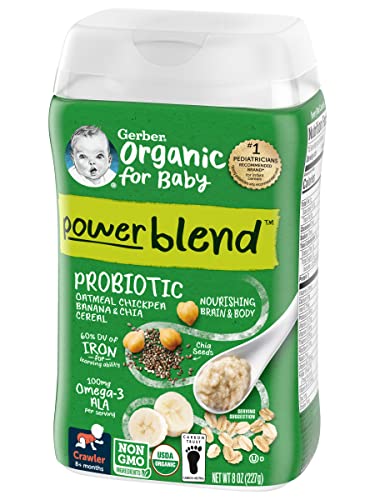 Gerber Organic for Baby Power Blend Probiotic Cereal, Oatmeal Chickpea Banana & Chia Cereal, Organic & Non-GMO Baby Cereal, 8-Ounce Canister (Pack of 3)