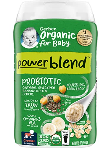 Gerber Organic for Baby Power Blend Probiotic Cereal, Oatmeal Chickpea Banana & Chia Cereal, Organic & Non-GMO Baby Cereal, 8-Ounce Canister (Pack of 3)