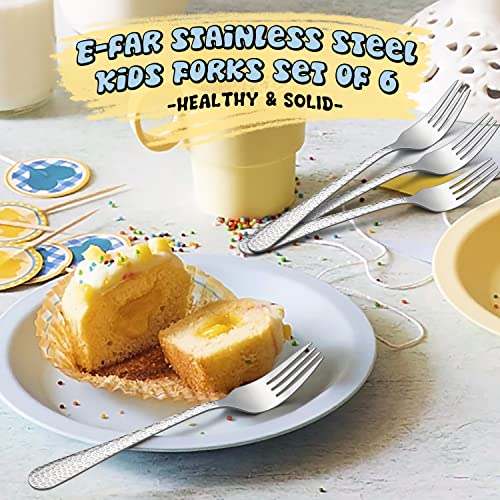 Stainless Steel Kids Forks, E-far 6-Piece Toddlers Forks Safe for Preschooler/Children, Hammered Adult look & Small Size, Rust Free & Dishwasher Safe