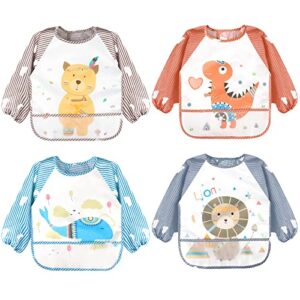 accmor 4 pack long sleeve baby bibs, waterproof sleeved bib, toddler baby bibs for 6-36 months