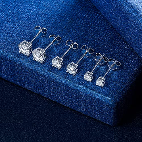 GEMSME 925 Sterling Silver White Gold Plated 4 Pong Round Clear Moissanite Stud Earring for Women 3/4/5mm Pack of 3 Pairs