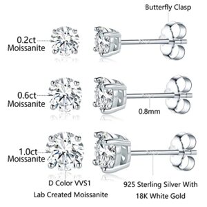 GEMSME 925 Sterling Silver White Gold Plated 4 Pong Round Clear Moissanite Stud Earring for Women 3/4/5mm Pack of 3 Pairs