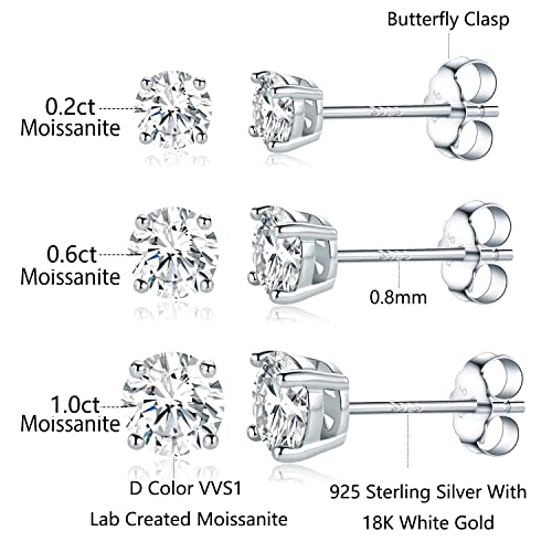 GEMSME 925 Sterling Silver White Gold Plated 4 Pong Round Clear Moissanite Stud Earring for Women 3/4/5mm Pack of 3 Pairs