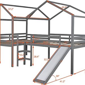 ATH-S L-Shape Loft Beds Full House Loft Bed with Slide Low Loft Bed Frame for 2, Wood Gray Playhouse Loft Bed for Girls Boys Teens (Color : Gray Full House Bed)