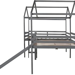 ATH-S L-Shape Loft Beds Full House Loft Bed with Slide Low Loft Bed Frame for 2, Wood Gray Playhouse Loft Bed for Girls Boys Teens (Color : Gray Full House Bed)