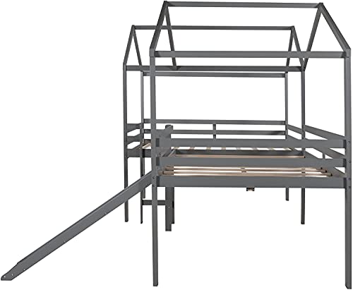 ATH-S L-Shape Loft Beds Full House Loft Bed with Slide Low Loft Bed Frame for 2, Wood Gray Playhouse Loft Bed for Girls Boys Teens (Color : Gray Full House Bed)