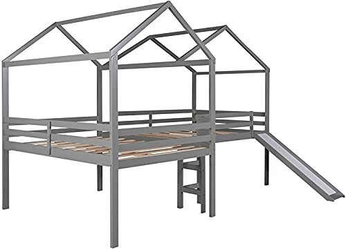 ATH-S L-Shape Loft Beds Full House Loft Bed with Slide Low Loft Bed Frame for 2, Wood Gray Playhouse Loft Bed for Girls Boys Teens (Color : Gray Full House Bed)