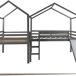 ATH-S L-Shape Loft Beds Full House Loft Bed with Slide Low Loft Bed Frame for 2, Wood Gray Playhouse Loft Bed for Girls Boys Teens (Color : Gray Full House Bed)