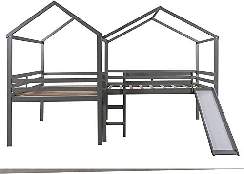 ATH-S L-Shape Loft Beds Full House Loft Bed with Slide Low Loft Bed Frame for 2, Wood Gray Playhouse Loft Bed for Girls Boys Teens (Color : Gray Full House Bed)