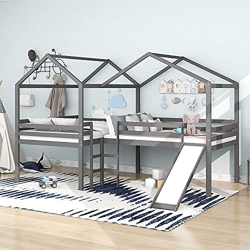 ATH-S L-Shape Loft Beds Full House Loft Bed with Slide Low Loft Bed Frame for 2, Wood Gray Playhouse Loft Bed for Girls Boys Teens (Color : Gray Full House Bed)