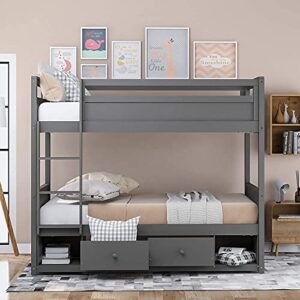 ath-s twin over twin bunk bed, bunk bed frame with storage drawers, wooden twin bunk bed with safety rail ladder, grey (color : grey with trundle, size : full over full)