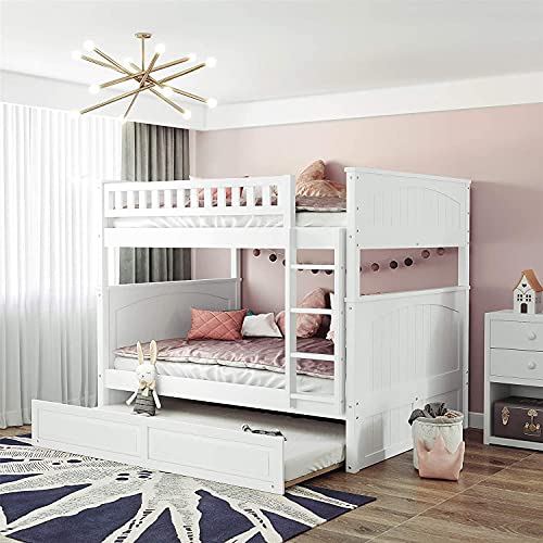 ATH-S Twin Over Twin Bunk Bed, Bunk Bed Frame with Storage Drawers, Wooden Twin bunk Bed with Safety Rail Ladder, Grey (Color : Grey with Trundle, Size : Full Over Full)