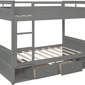 ATH-S Twin Over Twin Bunk Bed, Bunk Bed Frame with Storage Drawers, Wooden Twin bunk Bed with Safety Rail Ladder, Grey (Color : Grey with Trundle, Size : Full Over Full)