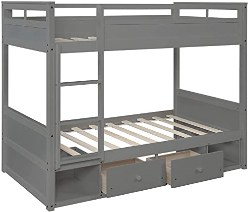 ATH-S Twin Over Twin Bunk Bed, Bunk Bed Frame with Storage Drawers, Wooden Twin bunk Bed with Safety Rail Ladder, Grey (Color : Grey with Trundle, Size : Full Over Full)