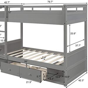 ATH-S Twin Over Twin Bunk Bed, Bunk Bed Frame with Storage Drawers, Wooden Twin bunk Bed with Safety Rail Ladder, Grey (Color : Grey with Trundle, Size : Full Over Full)