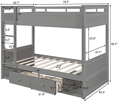 ATH-S Twin Over Twin Bunk Bed, Bunk Bed Frame with Storage Drawers, Wooden Twin bunk Bed with Safety Rail Ladder, Grey (Color : Grey with Trundle, Size : Full Over Full)