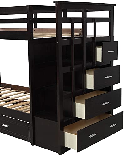 ATH-S Solid Wood Bunk Bed Frame No Box Spring Needed with Guardrails, Ladder and Storage Stairs for and Teens Platform, Twin Over Full, Gray (Color : Espresso with Hiden Drawers)