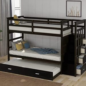 ATH-S Solid Wood Bunk Bed Frame No Box Spring Needed with Guardrails, Ladder and Storage Stairs for and Teens Platform, Twin Over Full, Gray (Color : Espresso with Hiden Drawers)