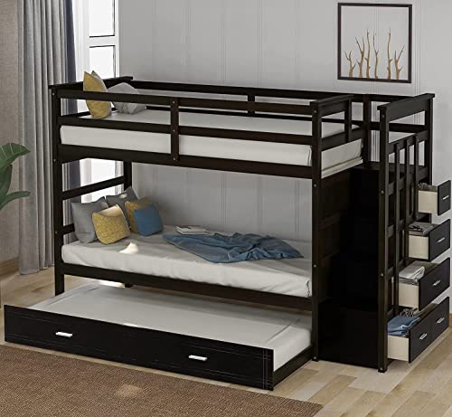 ATH-S Solid Wood Bunk Bed Frame No Box Spring Needed with Guardrails, Ladder and Storage Stairs for and Teens Platform, Twin Over Full, Gray (Color : Espresso with Hiden Drawers)