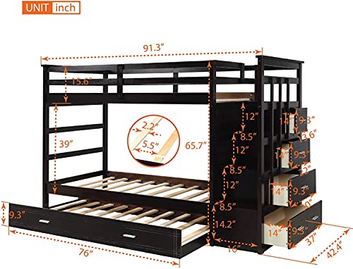 ATH-S Solid Wood Bunk Bed Frame No Box Spring Needed with Guardrails, Ladder and Storage Stairs for and Teens Platform, Twin Over Full, Gray (Color : Espresso with Hiden Drawers)