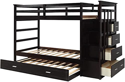 ATH-S Solid Wood Bunk Bed Frame No Box Spring Needed with Guardrails, Ladder and Storage Stairs for and Teens Platform, Twin Over Full, Gray (Color : Espresso with Hiden Drawers)