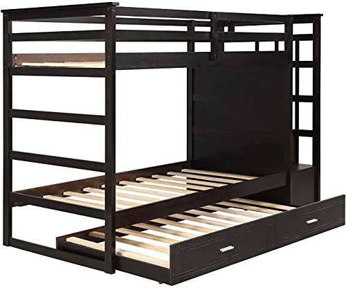 ATH-S Solid Wood Bunk Bed Frame No Box Spring Needed with Guardrails, Ladder and Storage Stairs for and Teens Platform, Twin Over Full, Gray (Color : Espresso with Hiden Drawers)