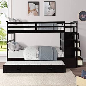 ATH-S Solid Wood Bunk Bed Frame No Box Spring Needed with Guardrails, Ladder and Storage Stairs for and Teens Platform, Twin Over Full, Gray (Color : Espresso with Hiden Drawers)