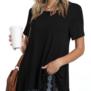 POPYOUNG Women's Summer Casual Short Sleeve Tunic Top for Leggings Crewneck Shirt Loose Blouse, Lace Hem, XXL, Black