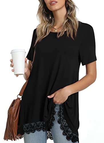 POPYOUNG Women's Summer Casual Short Sleeve Tunic Top for Leggings Crewneck Shirt Loose Blouse, Lace Hem, XXL, Black