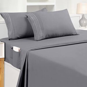 utopia bedding full sheet set – soft microfiber 4 piece luxury bed sheets with deep pockets - embroidered pillow cases - side storage pocket fitted sheet - flat sheet (grey)