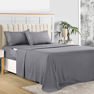 Utopia Bedding Full Sheet Set – Soft Microfiber 4 Piece Luxury Bed Sheets with Deep Pockets - Embroidered Pillow Cases - Side Storage Pocket Fitted Sheet - Flat Sheet (Grey)