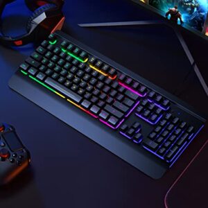 Dacoity Gaming Keyboard, 104 Keys All-Metal Panel, Rainbow LED Backlit Quiet Computer Keyboard, Wrist Rest, Multimedia Keys, Anti-ghosting Keys, Waterproof Light Up USB Wired Keyboard for PC Mac Xbox