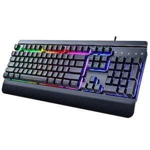 dacoity gaming keyboard, 104 keys all-metal panel, rainbow led backlit quiet computer keyboard, wrist rest, multimedia keys, anti-ghosting keys, waterproof light up usb wired keyboard for pc mac xbox