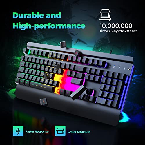 Dacoity Gaming Keyboard, 104 Keys All-Metal Panel, Rainbow LED Backlit Quiet Computer Keyboard, Wrist Rest, Multimedia Keys, Anti-ghosting Keys, Waterproof Light Up USB Wired Keyboard for PC Mac Xbox