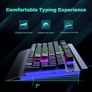 Dacoity Gaming Keyboard, 104 Keys All-Metal Panel, Rainbow LED Backlit Quiet Computer Keyboard, Wrist Rest, Multimedia Keys, Anti-ghosting Keys, Waterproof Light Up USB Wired Keyboard for PC Mac Xbox