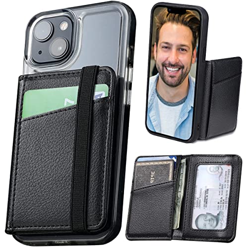 LINYUNE Cell Phone Wallet Stick On for Phone Cases, 6 Credit Cards Holder Flip Leather Pocket for Smart Cellphones(iPhone/Android/Samsung Galaxy) Black