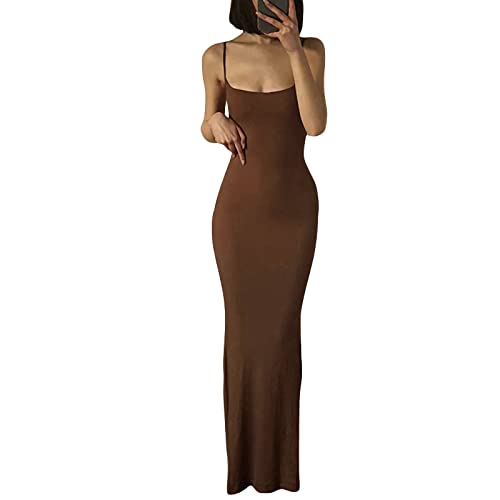 Women Long Tank Top Dress Ankle Length Solid Color Spaghetti Strap Bodycon Party Dress (Brown, S)