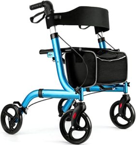 rinkmo rollator walkers for seniors- rollator walker with seat 8" wheels- easy folding senior walker with backrest- lightweight mobility walking aid for adult elderly, aluminum frame, blue