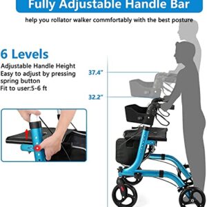 RINKMO Rollator Walkers for Seniors- Rollator Walker with Seat 8" Wheels- Easy Folding Senior Walker with Backrest- Lightweight Mobility Walking Aid for Adult Elderly, Aluminum Frame, Blue