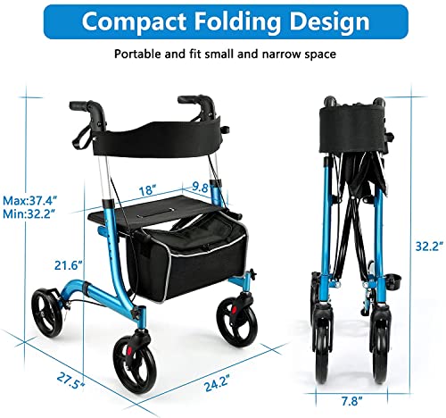 RINKMO Rollator Walkers for Seniors- Rollator Walker with Seat 8" Wheels- Easy Folding Senior Walker with Backrest- Lightweight Mobility Walking Aid for Adult Elderly, Aluminum Frame, Blue