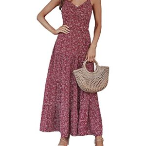 BTFBM Women Sleeveless V Neck Summer Maxi Dresses 2023 Print Backless Strap Tie Back Beach Party Pleated Long Boho Dress(Floral Wine Red, Large)