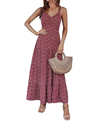 BTFBM Women Sleeveless V Neck Summer Maxi Dresses 2023 Print Backless Strap Tie Back Beach Party Pleated Long Boho Dress(Floral Wine Red, Large)