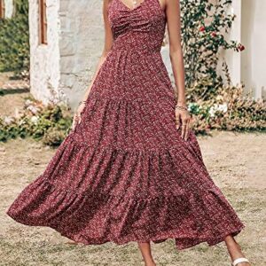 BTFBM Women Sleeveless V Neck Summer Maxi Dresses 2023 Print Backless Strap Tie Back Beach Party Pleated Long Boho Dress(Floral Wine Red, Large)