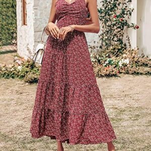 BTFBM Women Sleeveless V Neck Summer Maxi Dresses 2023 Print Backless Strap Tie Back Beach Party Pleated Long Boho Dress(Floral Wine Red, Large)