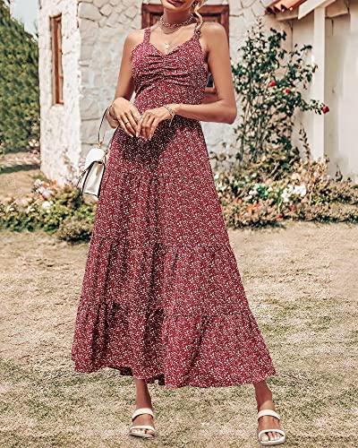 BTFBM Women Sleeveless V Neck Summer Maxi Dresses 2023 Print Backless Strap Tie Back Beach Party Pleated Long Boho Dress(Floral Wine Red, Large)