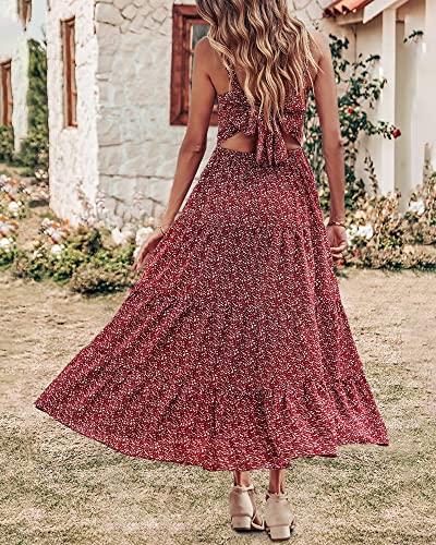 BTFBM Women Sleeveless V Neck Summer Maxi Dresses 2023 Print Backless Strap Tie Back Beach Party Pleated Long Boho Dress(Floral Wine Red, Large)