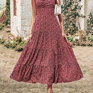 BTFBM Women Sleeveless V Neck Summer Maxi Dresses 2023 Print Backless Strap Tie Back Beach Party Pleated Long Boho Dress(Floral Wine Red, Large)