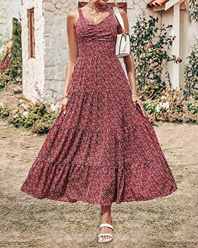 BTFBM Women Sleeveless V Neck Summer Maxi Dresses 2023 Print Backless Strap Tie Back Beach Party Pleated Long Boho Dress(Floral Wine Red, Large)