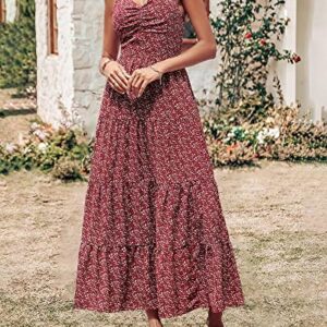 BTFBM Women Sleeveless V Neck Summer Maxi Dresses 2023 Print Backless Strap Tie Back Beach Party Pleated Long Boho Dress(Floral Wine Red, Large)