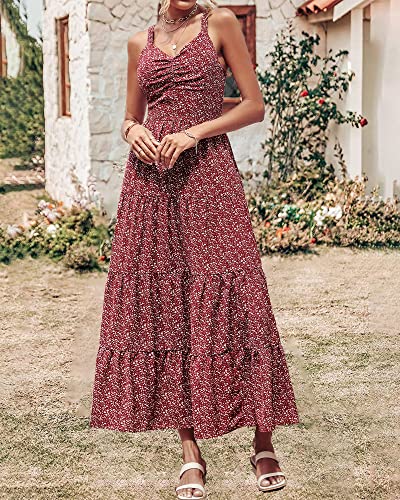 BTFBM Women Sleeveless V Neck Summer Maxi Dresses 2023 Print Backless Strap Tie Back Beach Party Pleated Long Boho Dress(Floral Wine Red, Large)